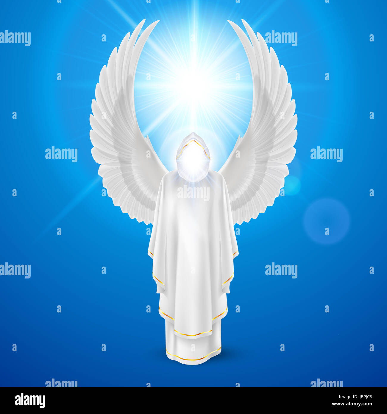 Gods guardian angel in white dress with wings up against sky background ...
