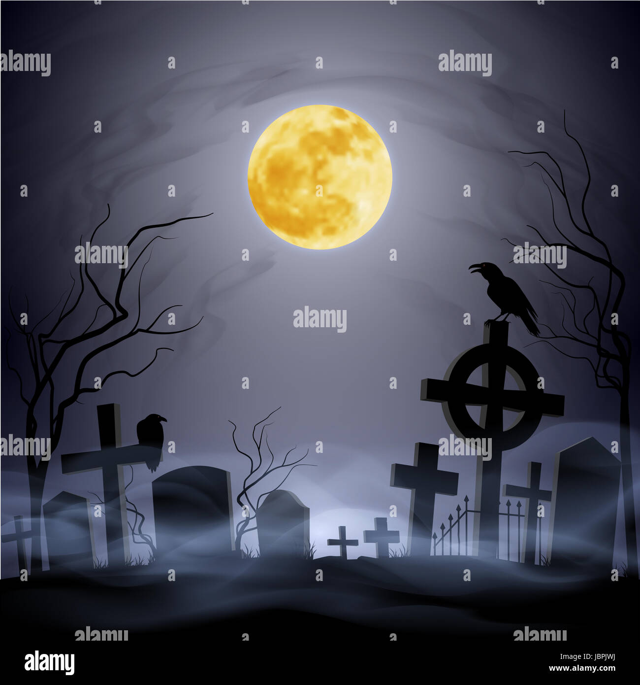 Graveyard at the night. Yellow moon. Headstone. Fog Stock Photo - Alamy