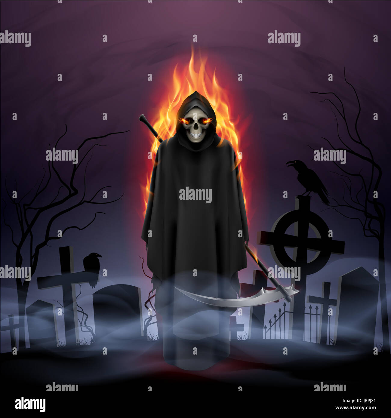 Ghost in fire with a scythe in the night Stock Photo - Alamy