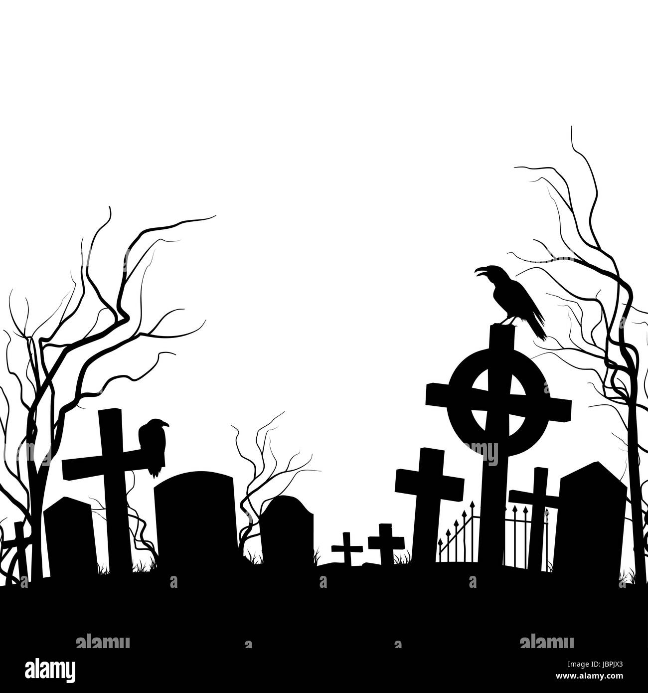 Cemetery. Raven sitting on the tombstone. Black and white Stock Photo ...