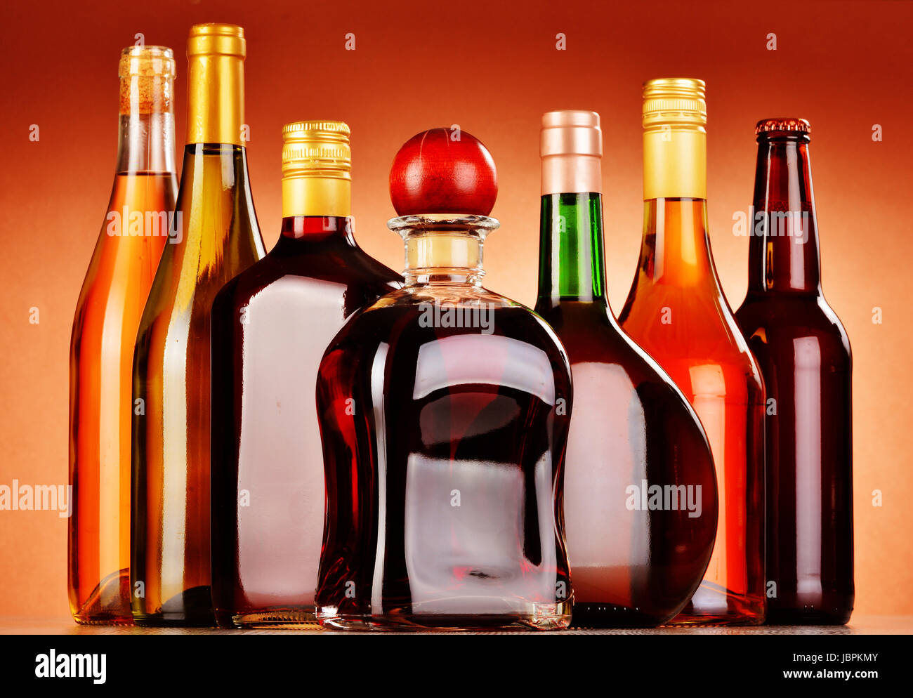 Bottles of assorted alcoholic beverages including beer and wine Stock ...