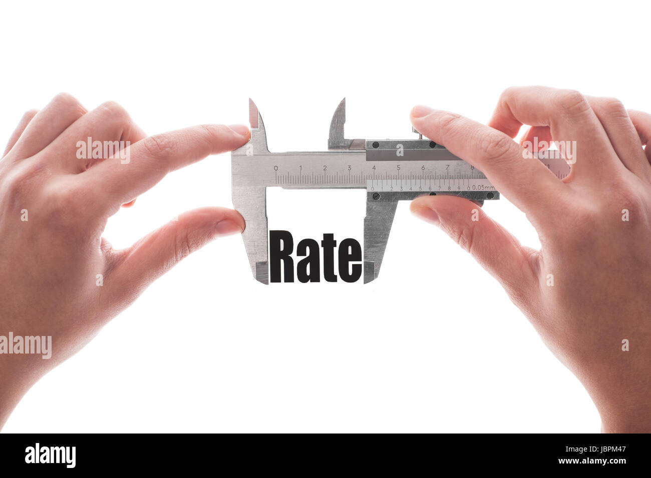 Close up shot of a caliper measuring the word "Rate Stock Photo - Alamy