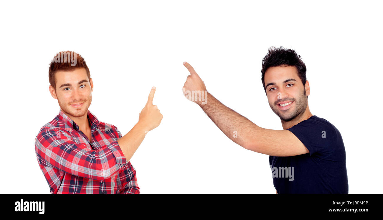 Two young male friends pressing something with his fingers isolated on ...