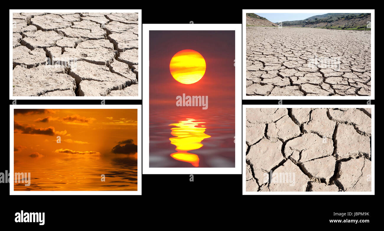 Collage of images of drought and heat with a red sun in the center ...