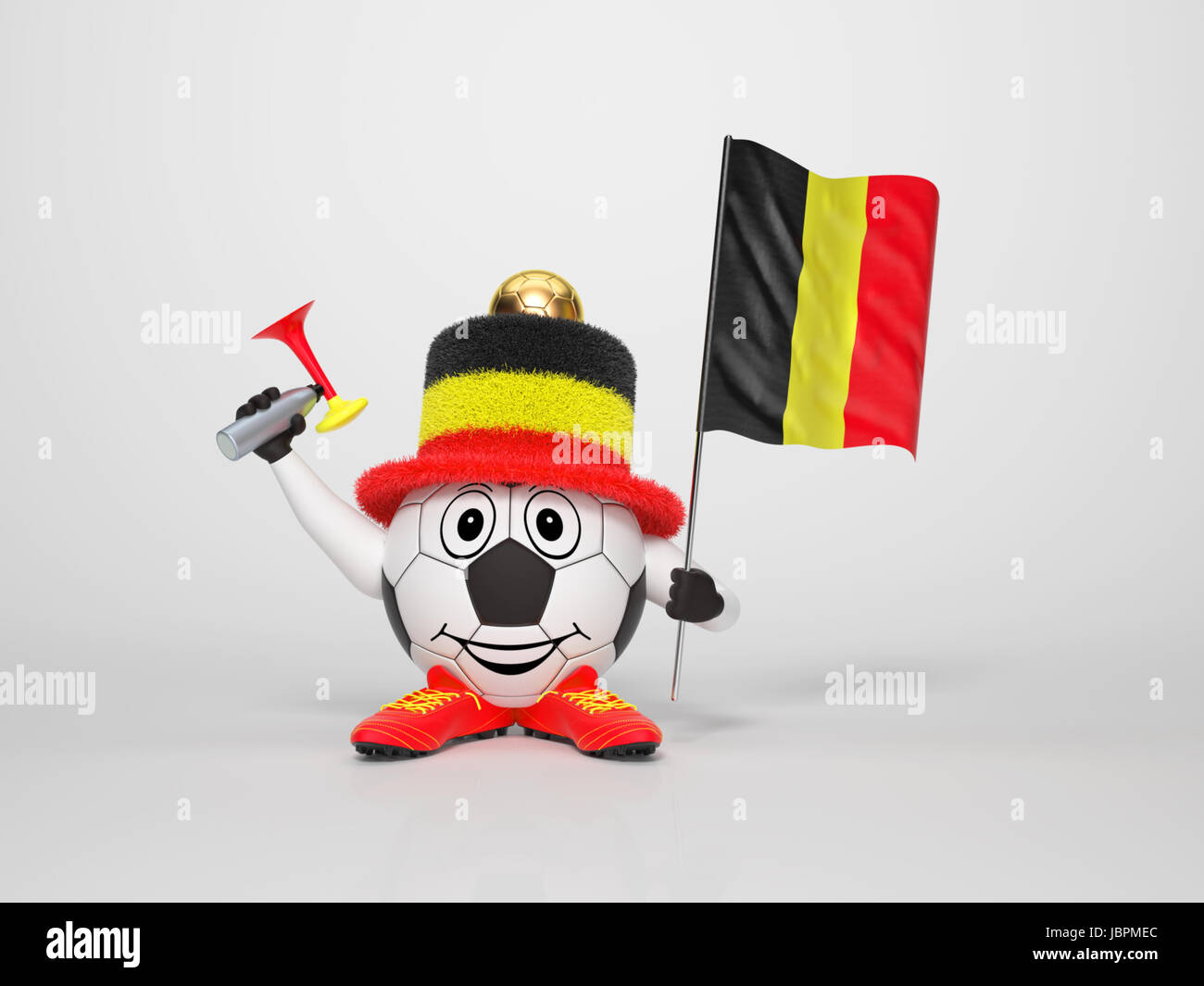 A cute and funny soccer character holding the national flag of Belgium ...
