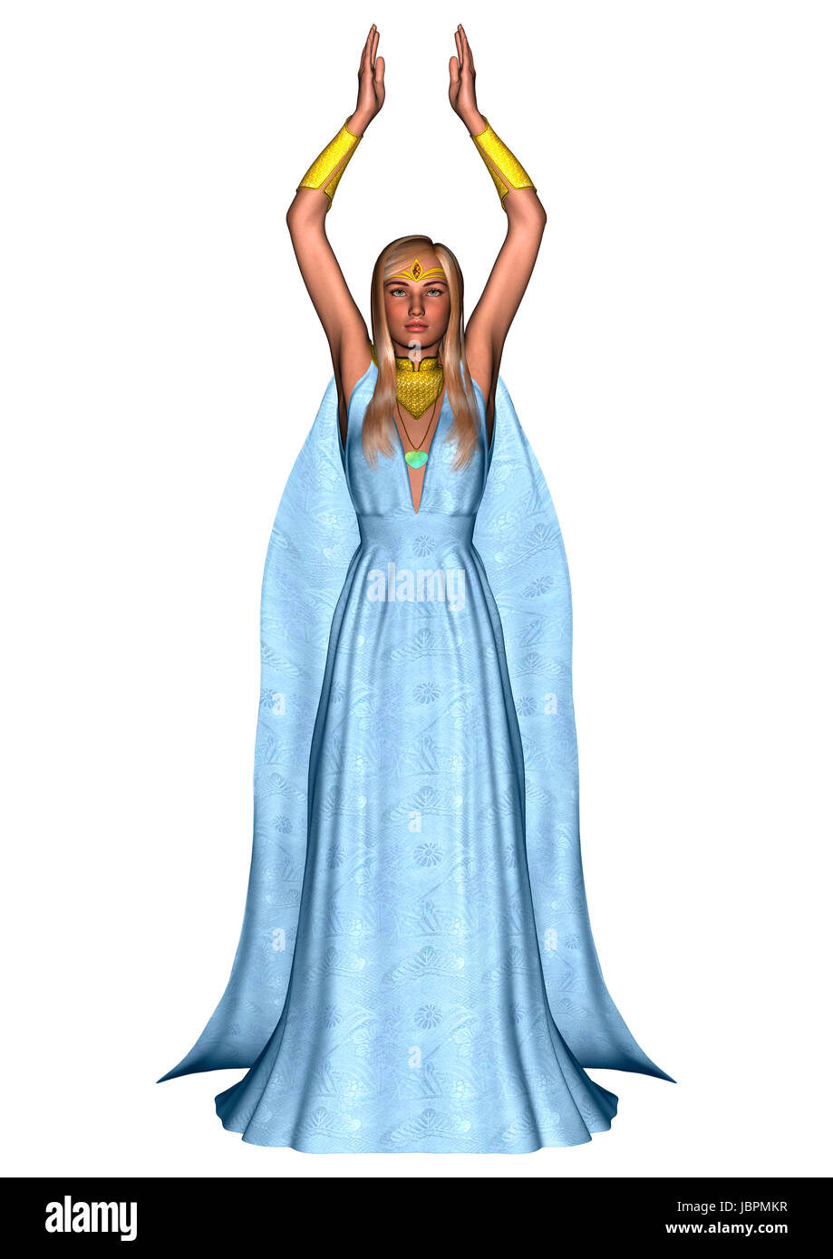 3D digital render of a beautiful female mage in a blue dress isolated ...