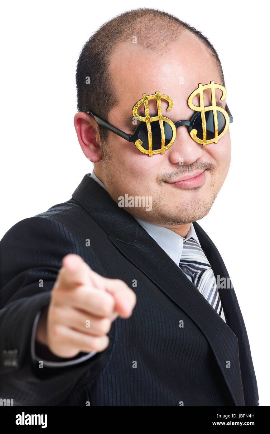 Rich businessman finger point to front Stock Photo - Alamy