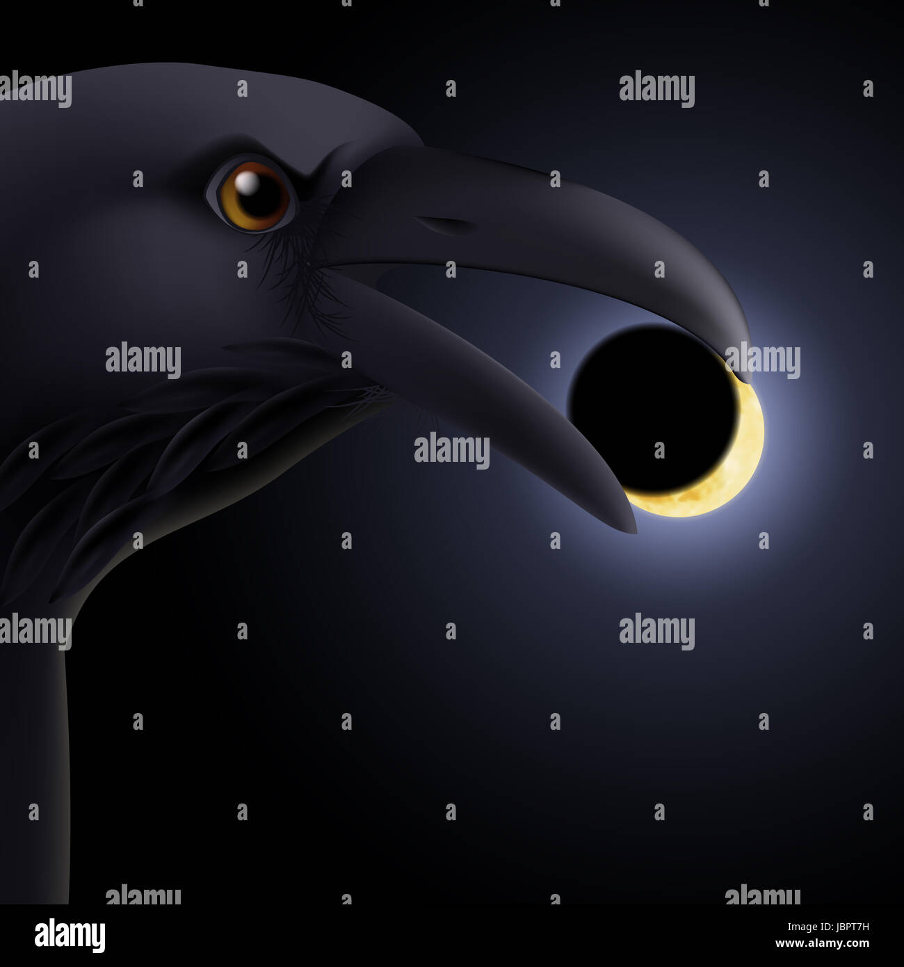 Black crow holding in its beak a darkened moon Stock Photo - Alamy