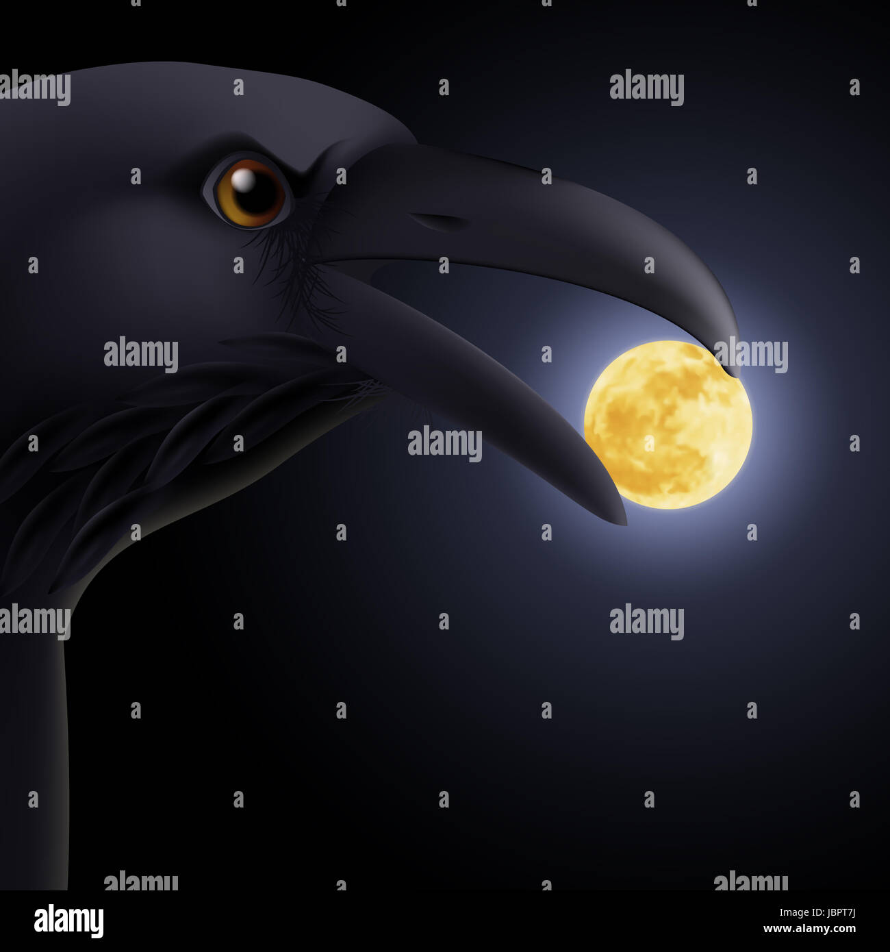Black crow holding in its beak a moon Stock Photo - Alamy