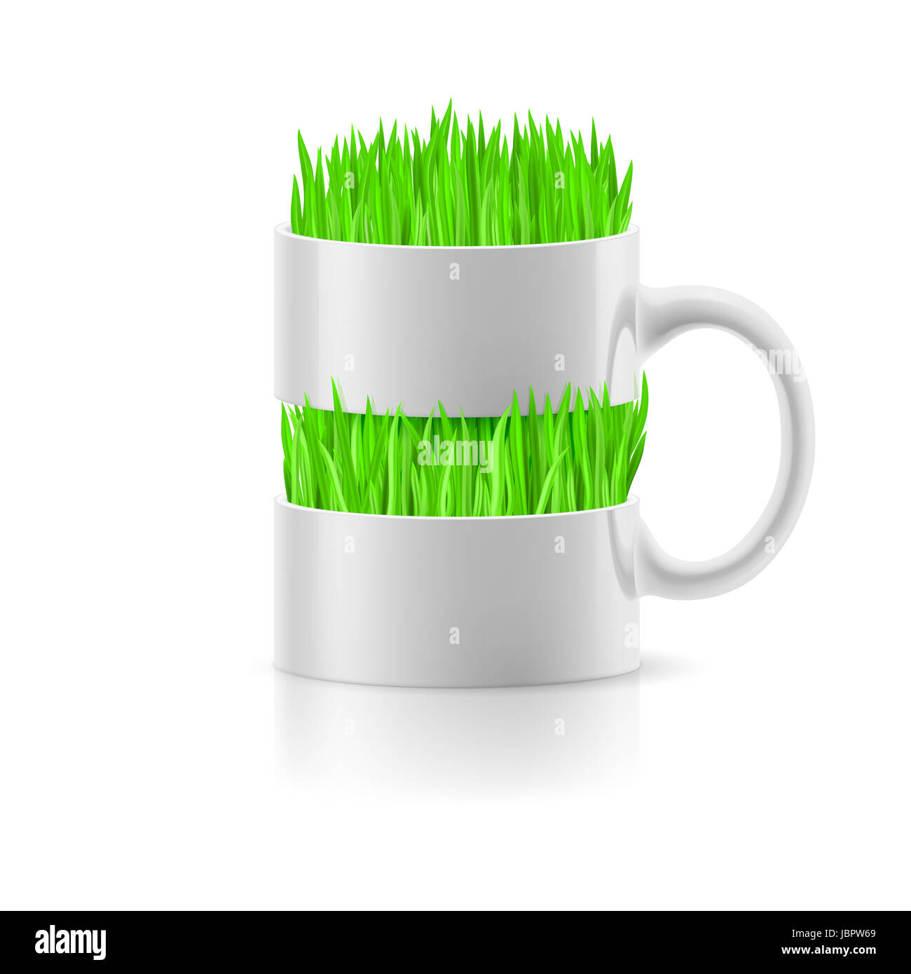 White mug with two insertions of green grass on white background Stock ...
