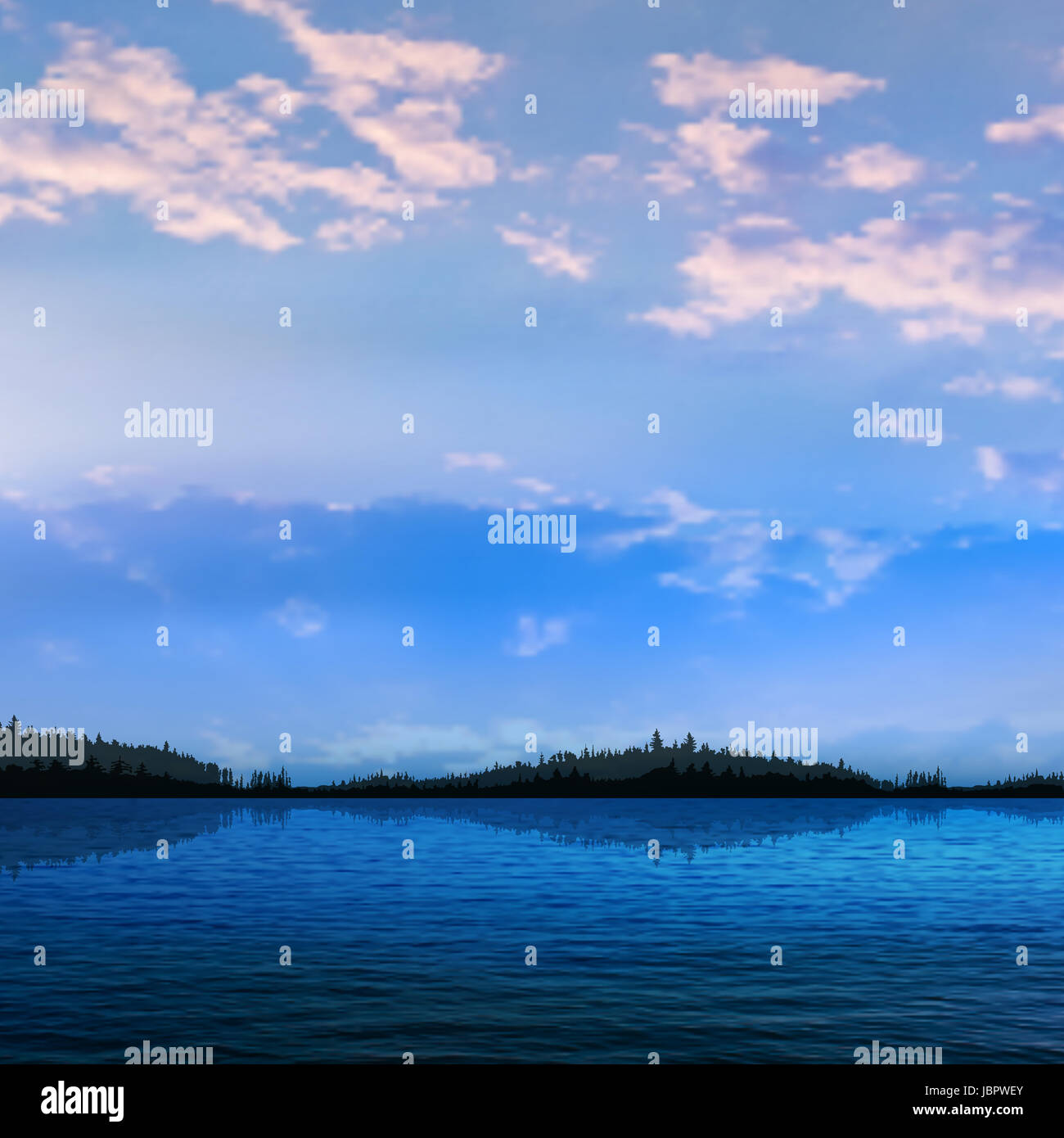 abstract blue sunset background with forest lake and clouds Stock Photo ...