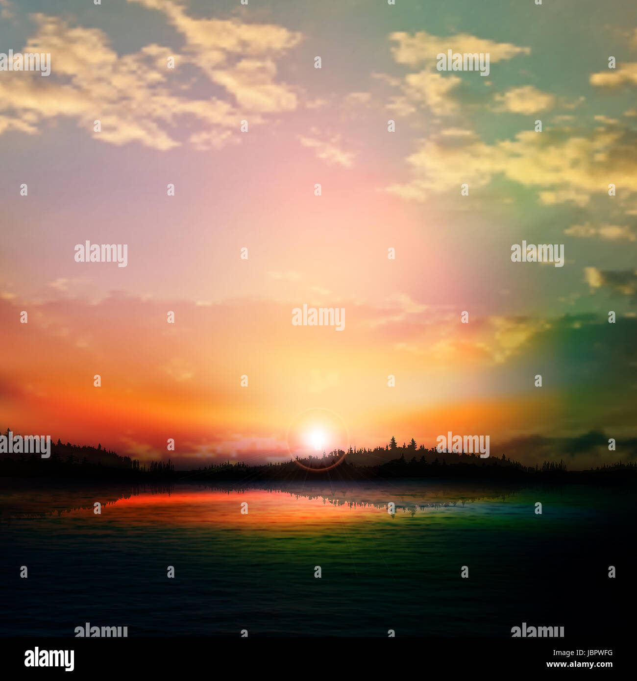 abstract red sunset background with forest lake and clouds Stock Photo ...