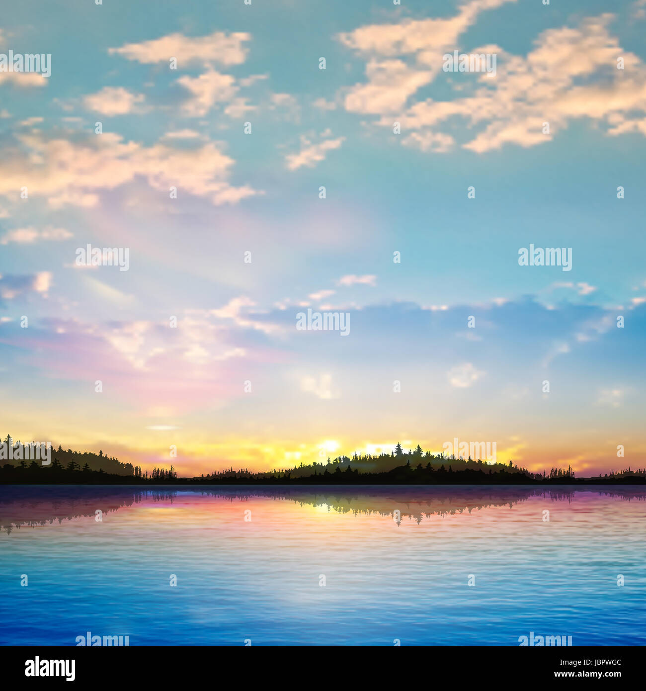 abstract sunrise background with forest lake and clouds Stock Photo - Alamy