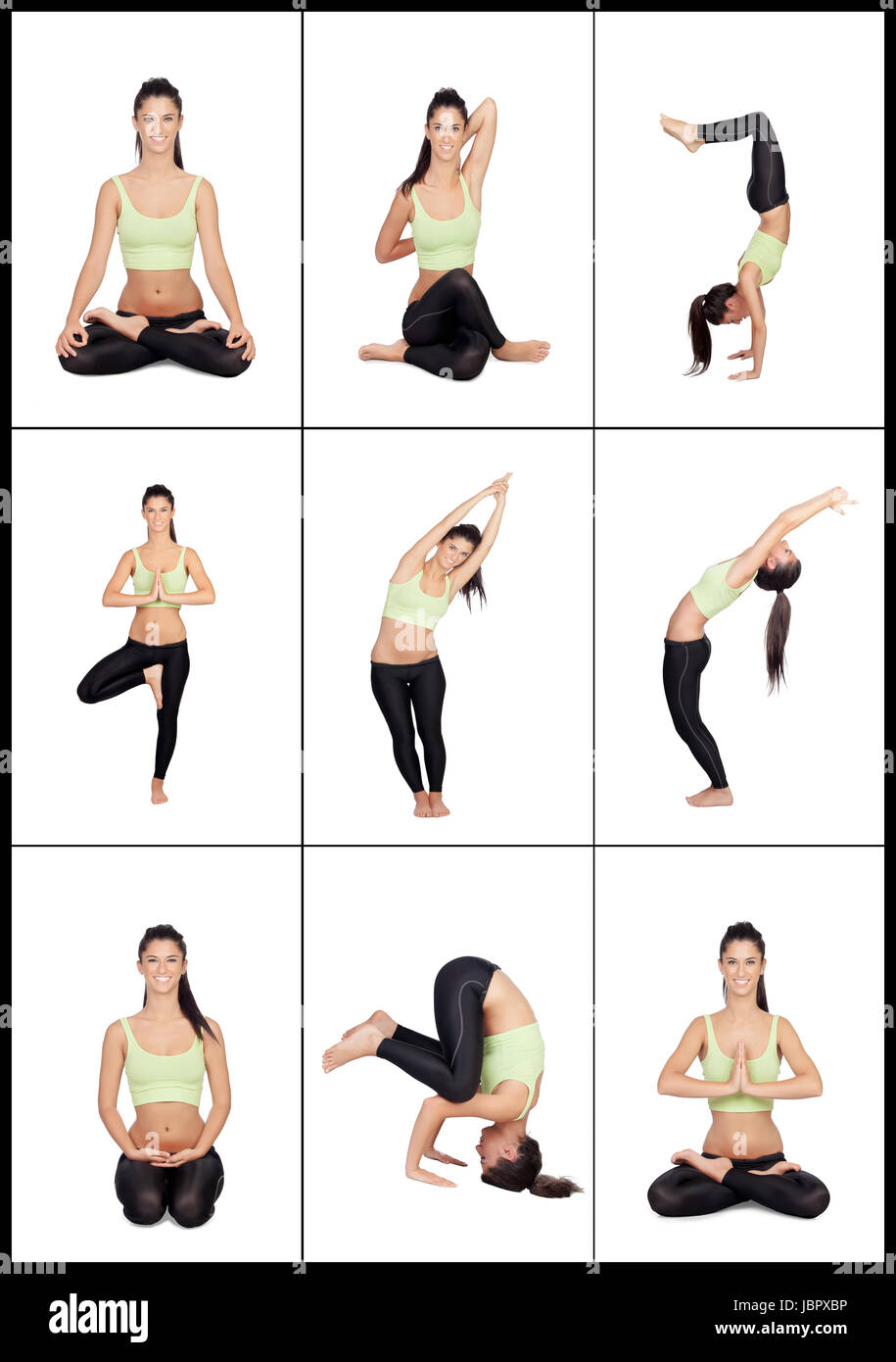 Young woman in a collage with various stretching postures isolated on a ...