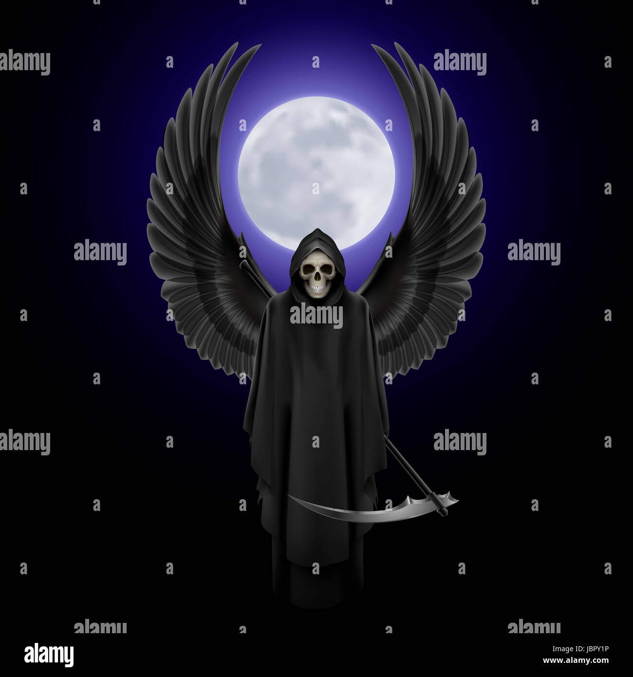 Grim Reaper with two wings up over full moon background Stock Photo - Alamy