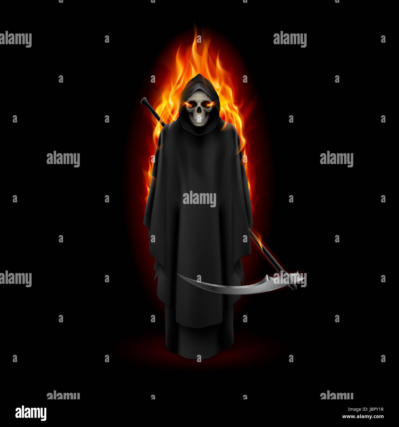 Grim Reaper in orange flame over black background Stock Photo - Alamy