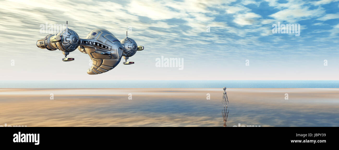 spaceship and alien in a distant world Stock Photo - Alamy