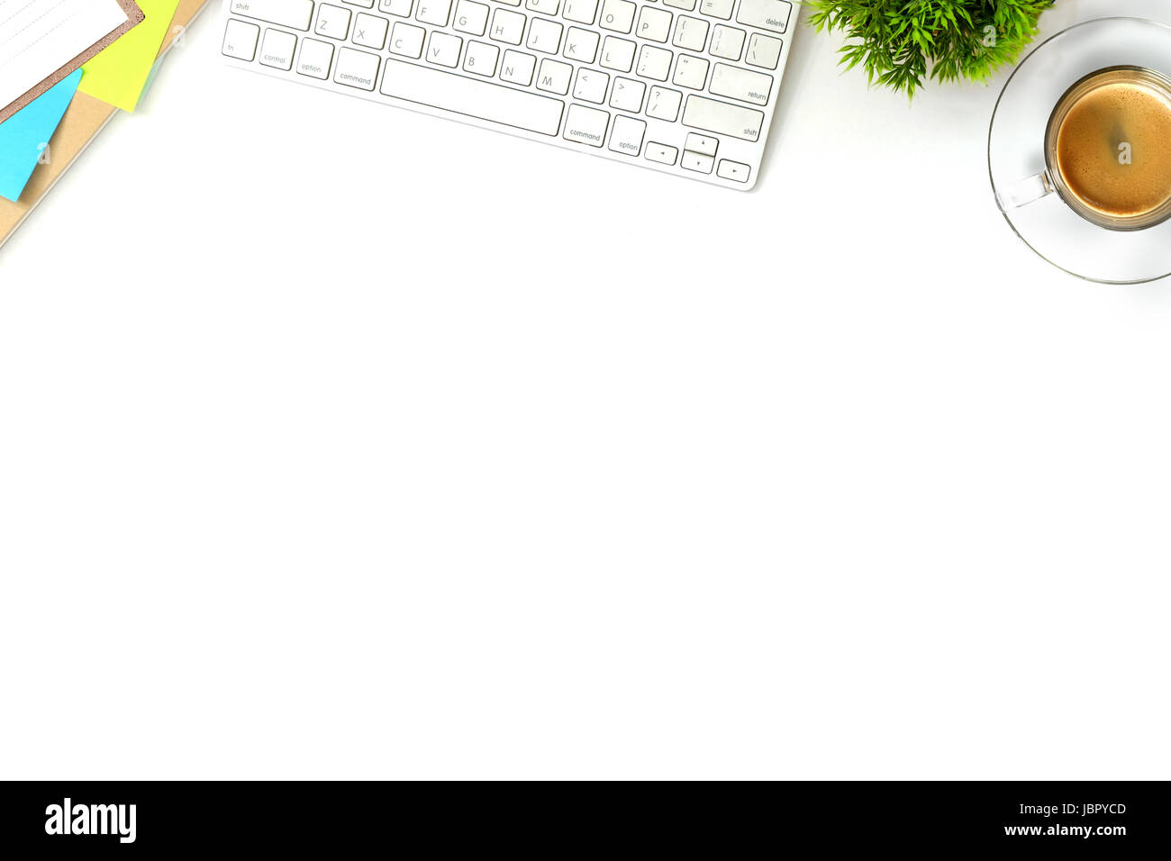 Top view work desk. Mock up Office desk table with computer, supplies ...