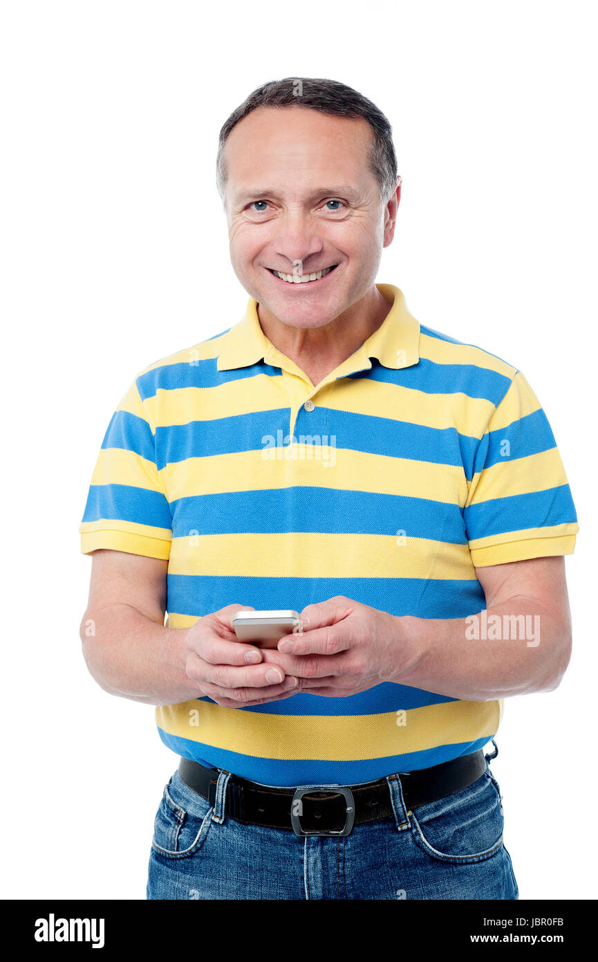 Happy man using cell phone isolated on white background Stock Photo - Alamy