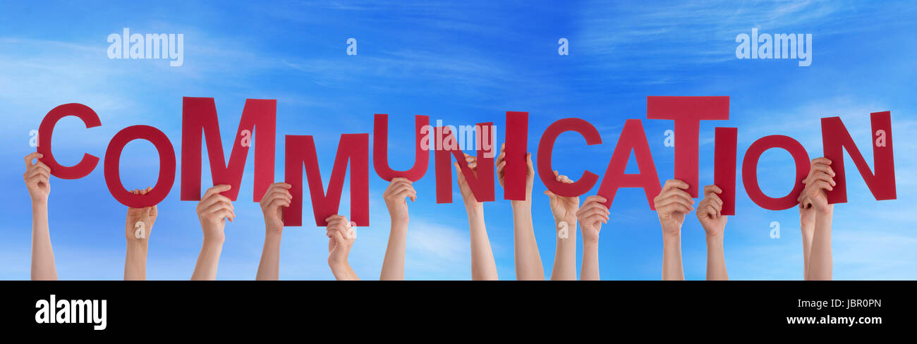 Many Hands Holding the Red Word Communication in the Sky Stock Photo ...