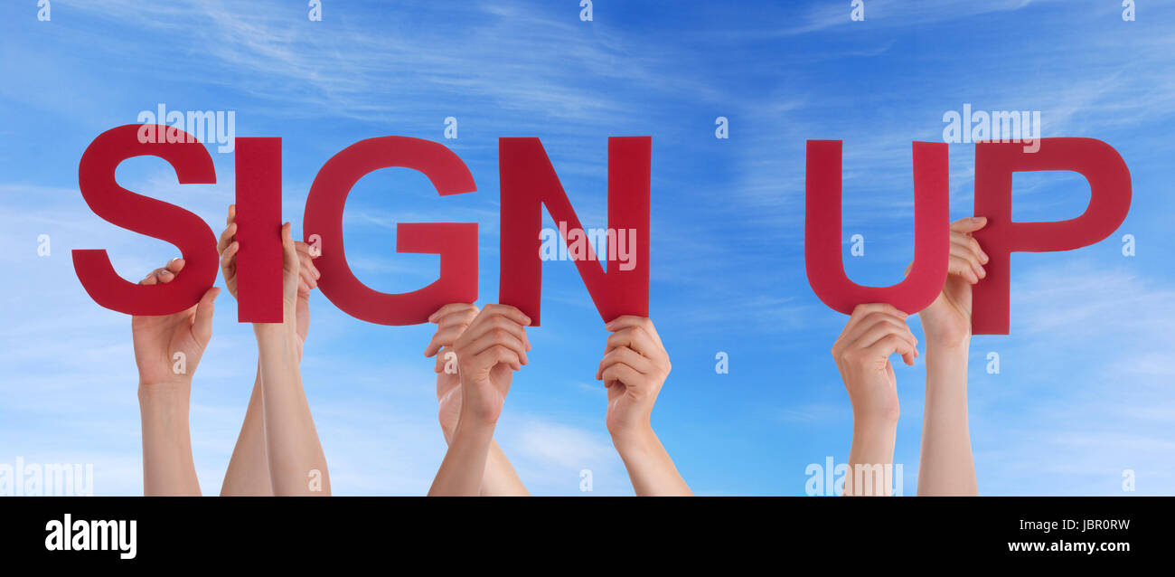 Many People Holding the Red Words Sign Up in the Sky Stock Photo - Alamy