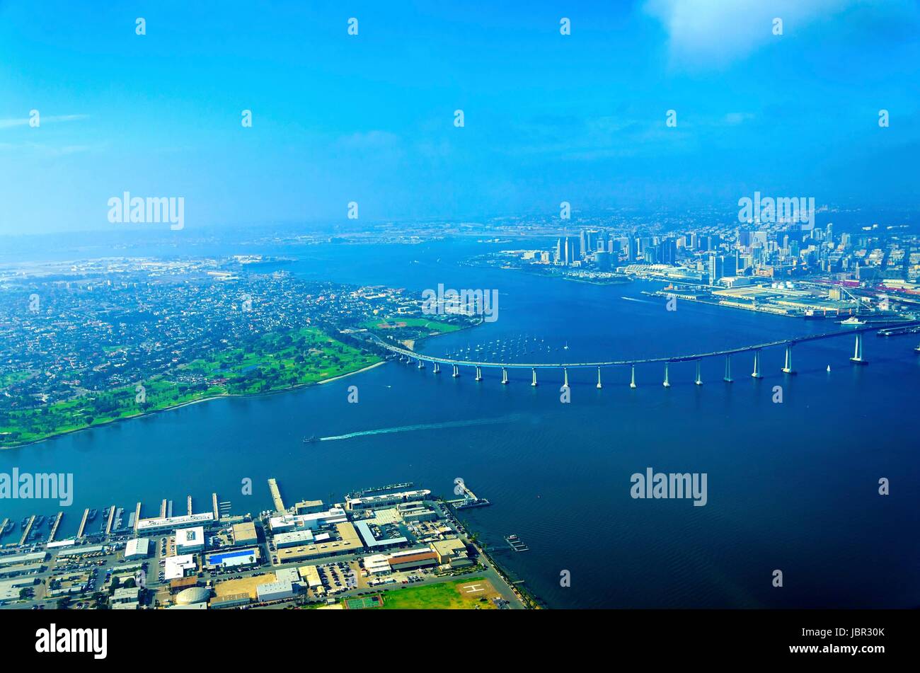 Aerial view of the Coronado island and bridge in the San Diego Bay in ...