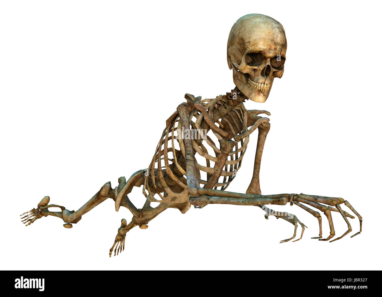 3D digital render of an old flying human skeleton isolated on white ...
