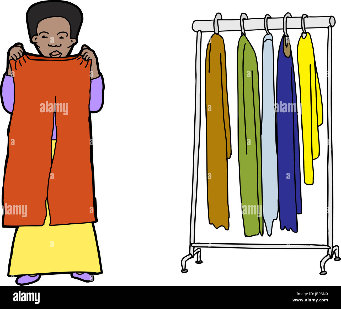 Female shopper comparing clothes on isolated background Stock Photo - Alamy
