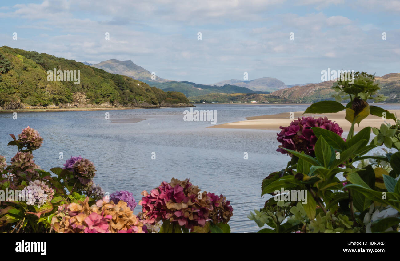Vista from the small Welsh village of Portmeirion towards the estuary ...