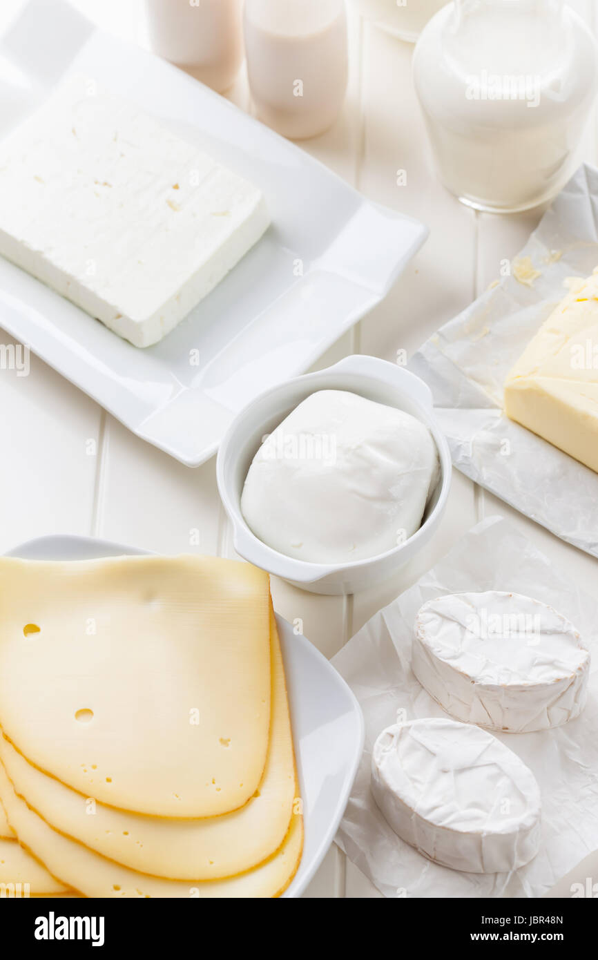 Assortment of dairy products on white background Stock Photo - Alamy