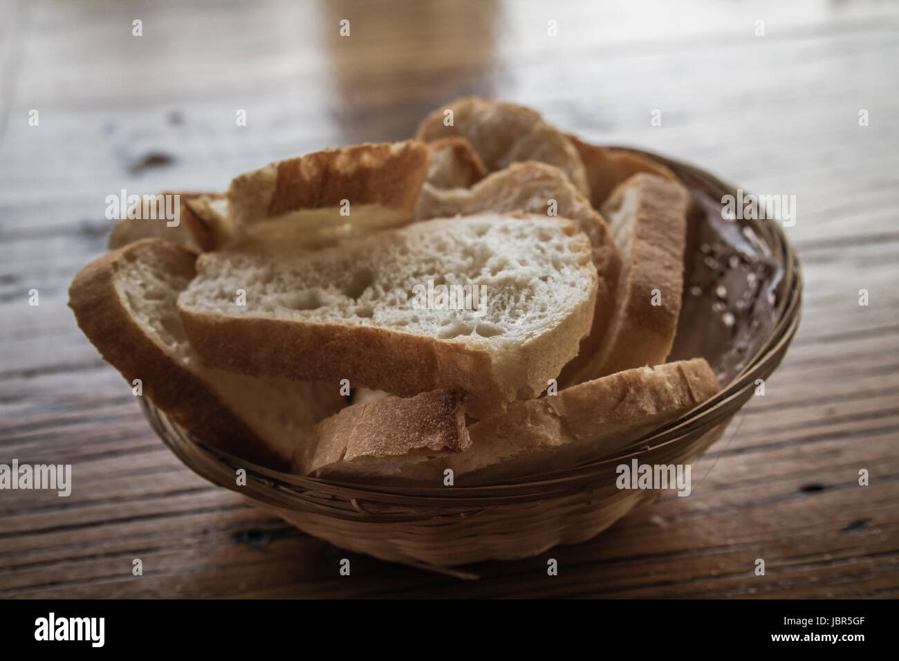 Sliced breads in a plate on wooden table background Stock Photo - Alamy