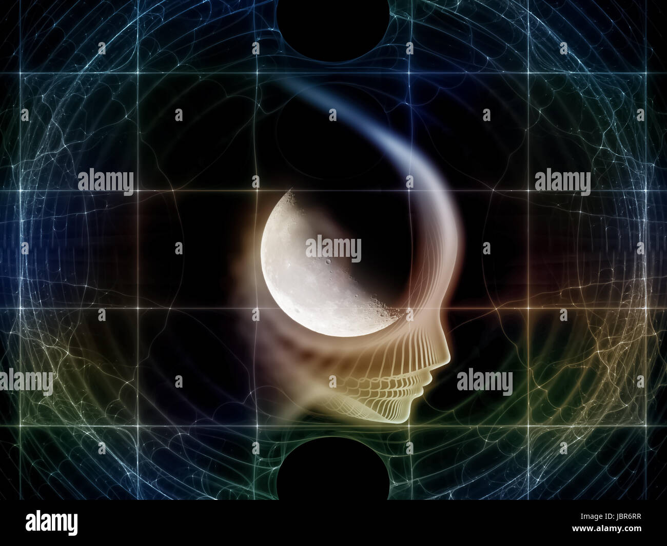 Inner Moon series. Arrangement of moon, human profile and design ...