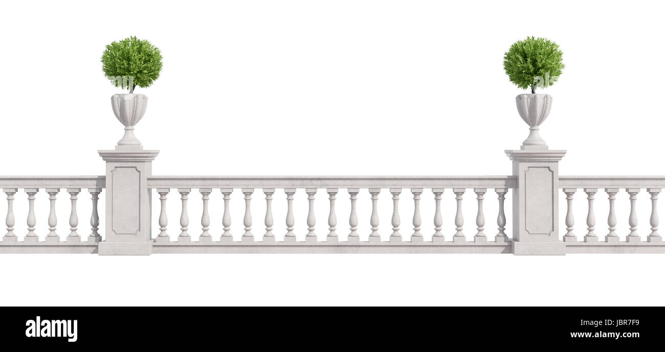 Classic balustrade with pedestal and vase with plants isolated on white ...