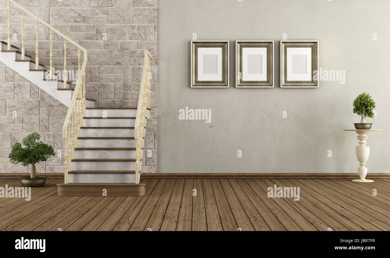 Retro room with wooden staircase - rendering Stock Photo - Alamy