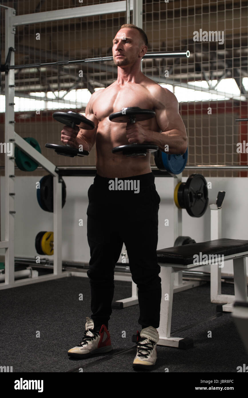 Man Working Out Biceps In A Gym - Dumbbell Concentration Curls Stock ...