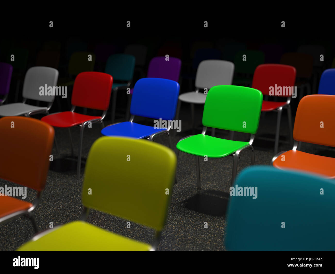 Many illuminated colorful chairs standing in a grid symbol for ...
