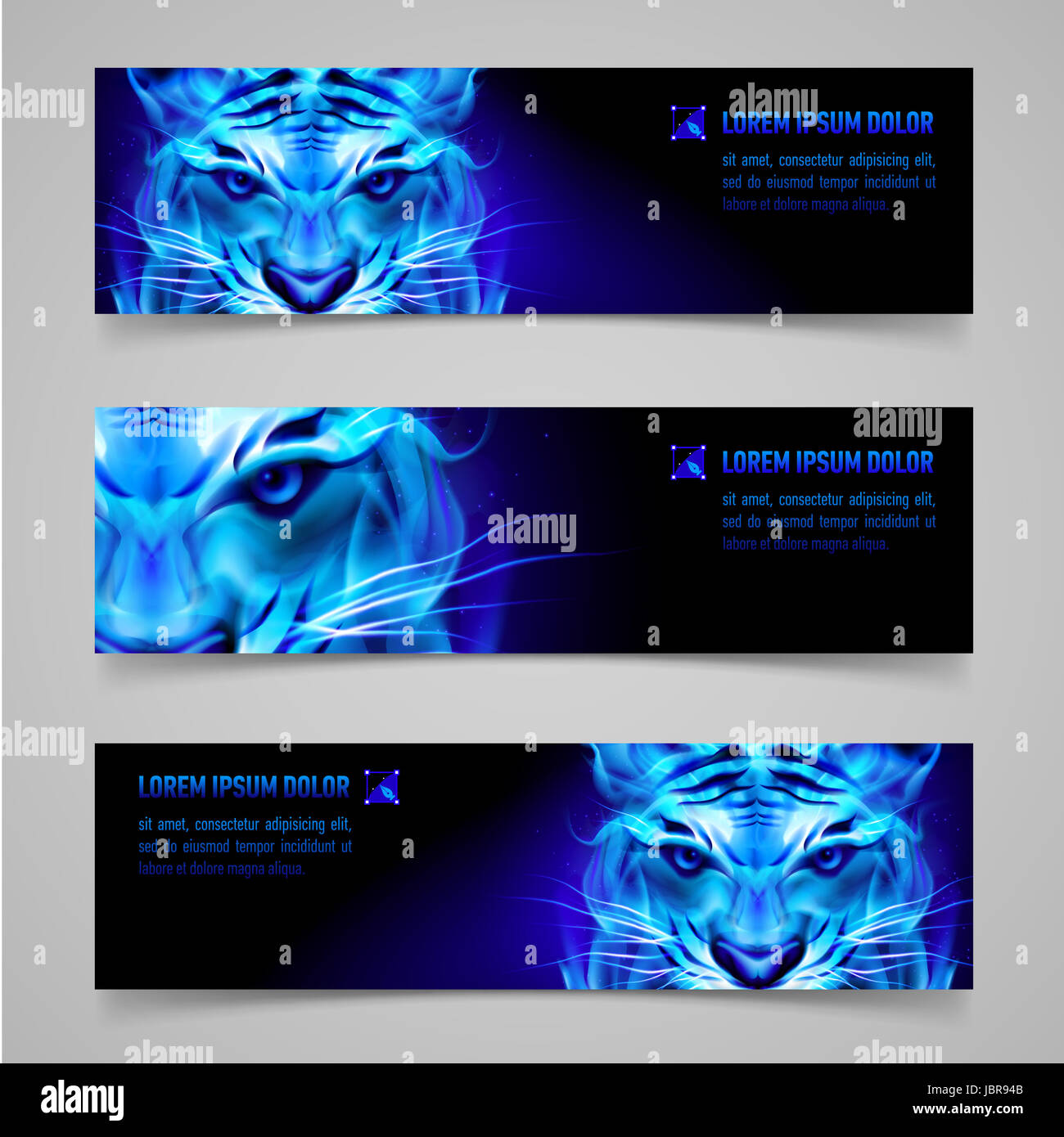 Set of banners with mystic tiger in blue flame Stock Photo - Alamy