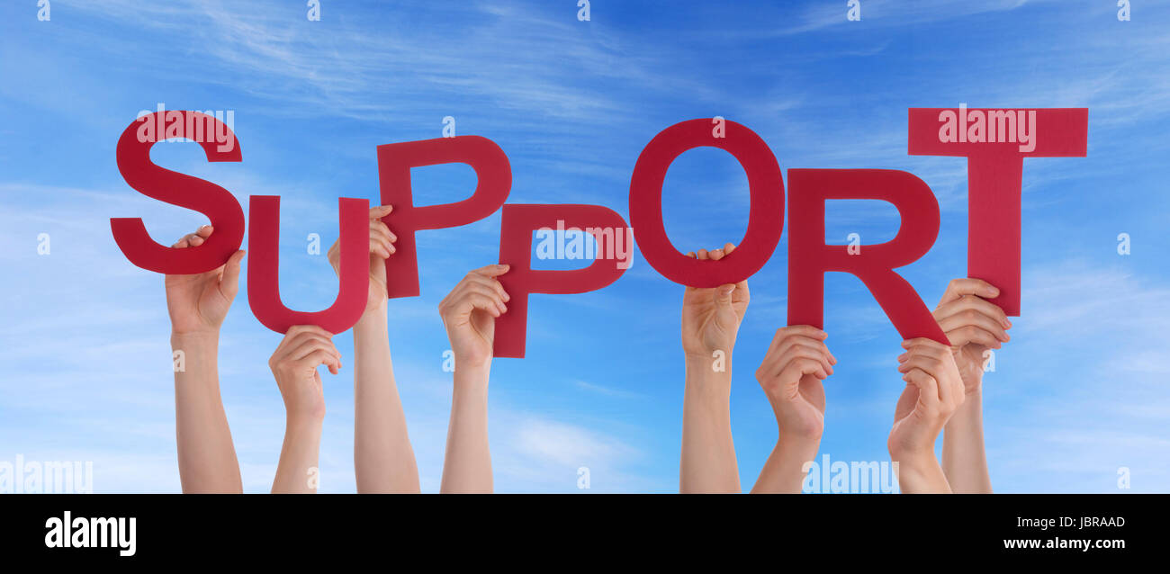 Many Hands Holding the Red Word Support in the Sky Stock Photo - Alamy