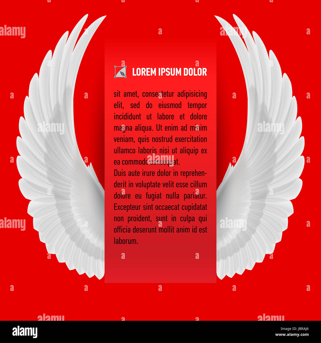 Sheet of paper with text with wings on both sides. Red background Stock ...