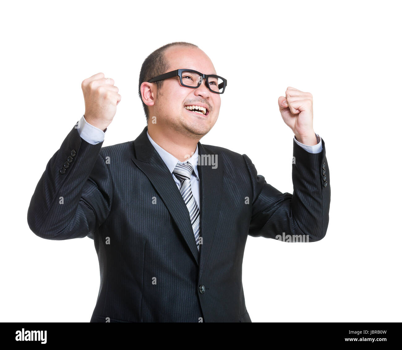 Successful manager raised two hand up Stock Photo - Alamy