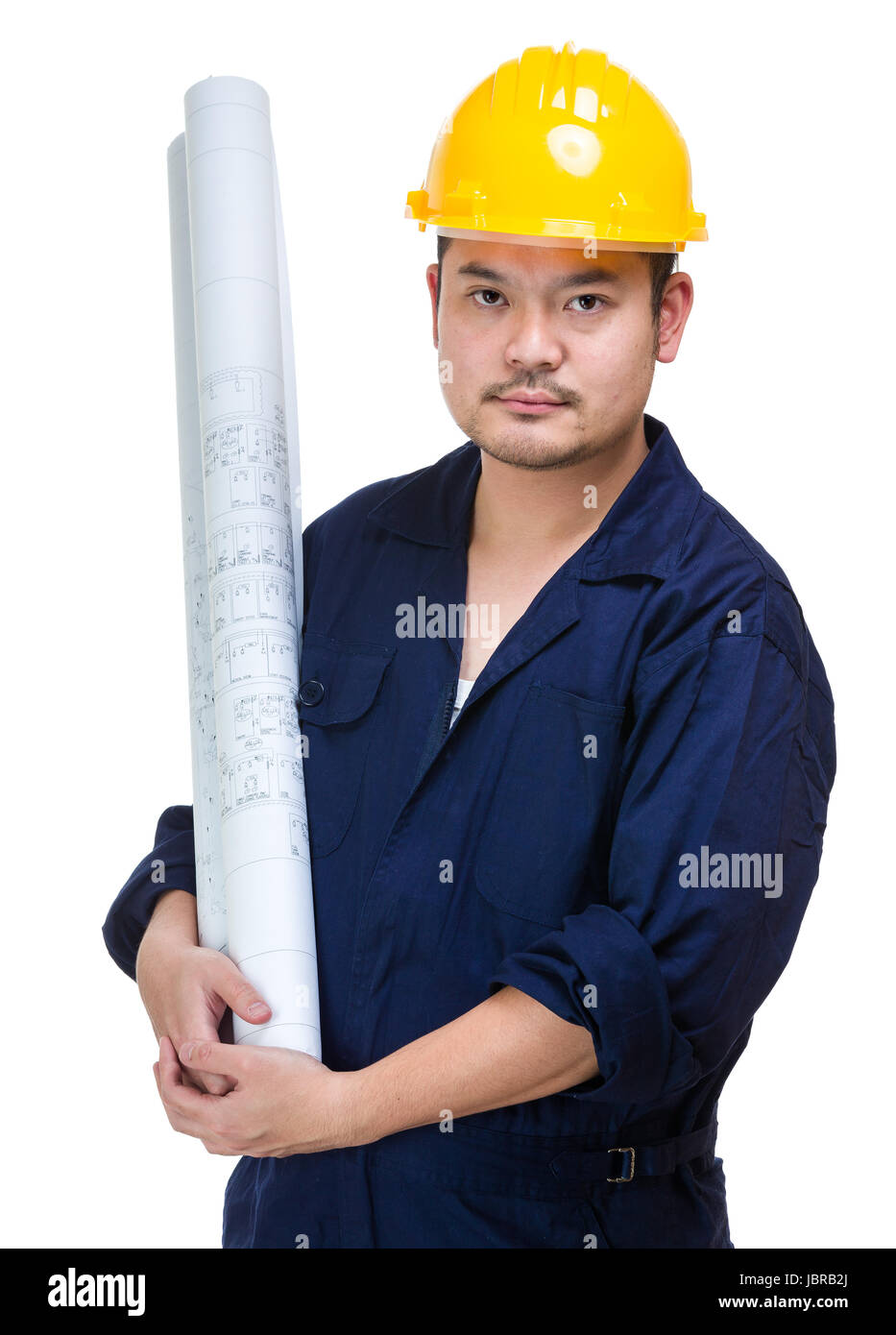 Asian construction worker holding layout drawing Stock Photo - Alamy