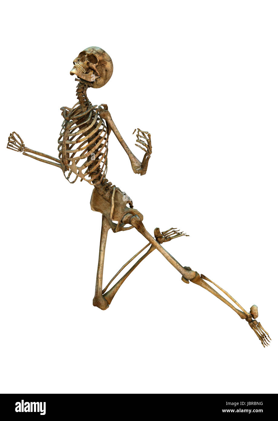 3D digital render of an old flying human skeleton isolated on white ...