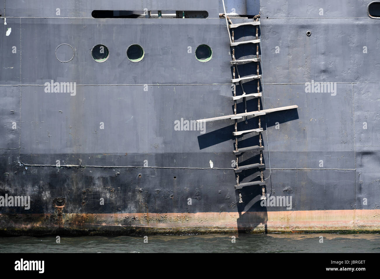 A rope ladder leading up to a ship can be seen at the port of Duisburg ...