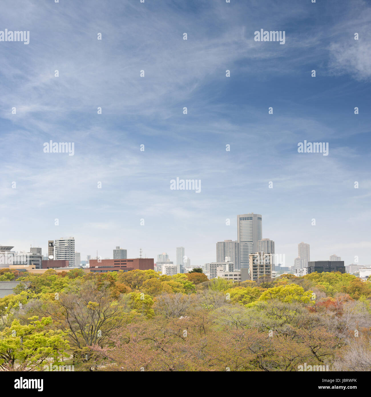 Osaka city skyline with forest and modern buildings, Osaka, Japan, Asia ...