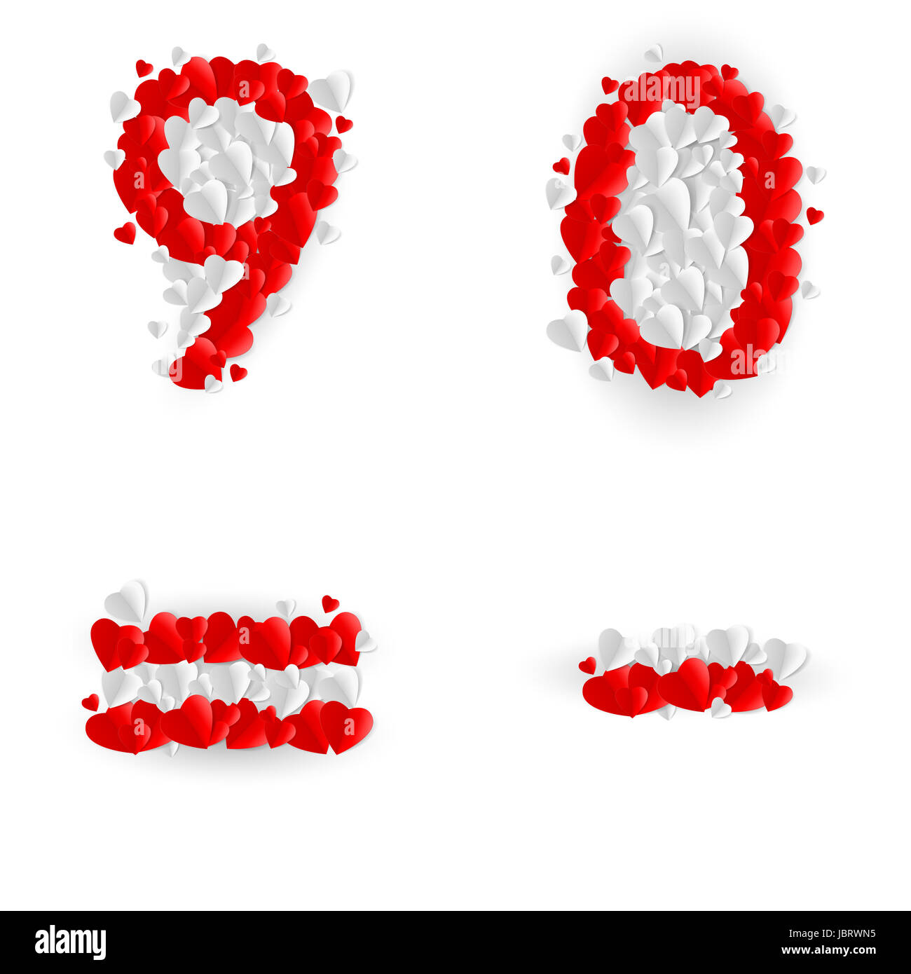 Number 9, 0, minus and equality signs of paper hearts Stock Photo - Alamy