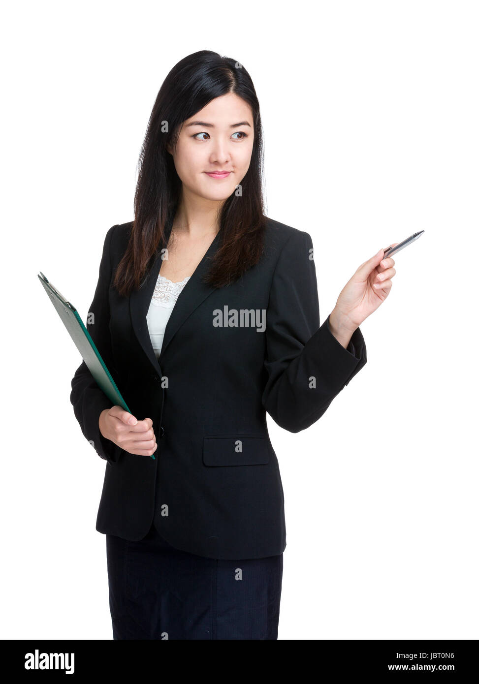 Secretary with clipboard and pen point out Stock Photo - Alamy
