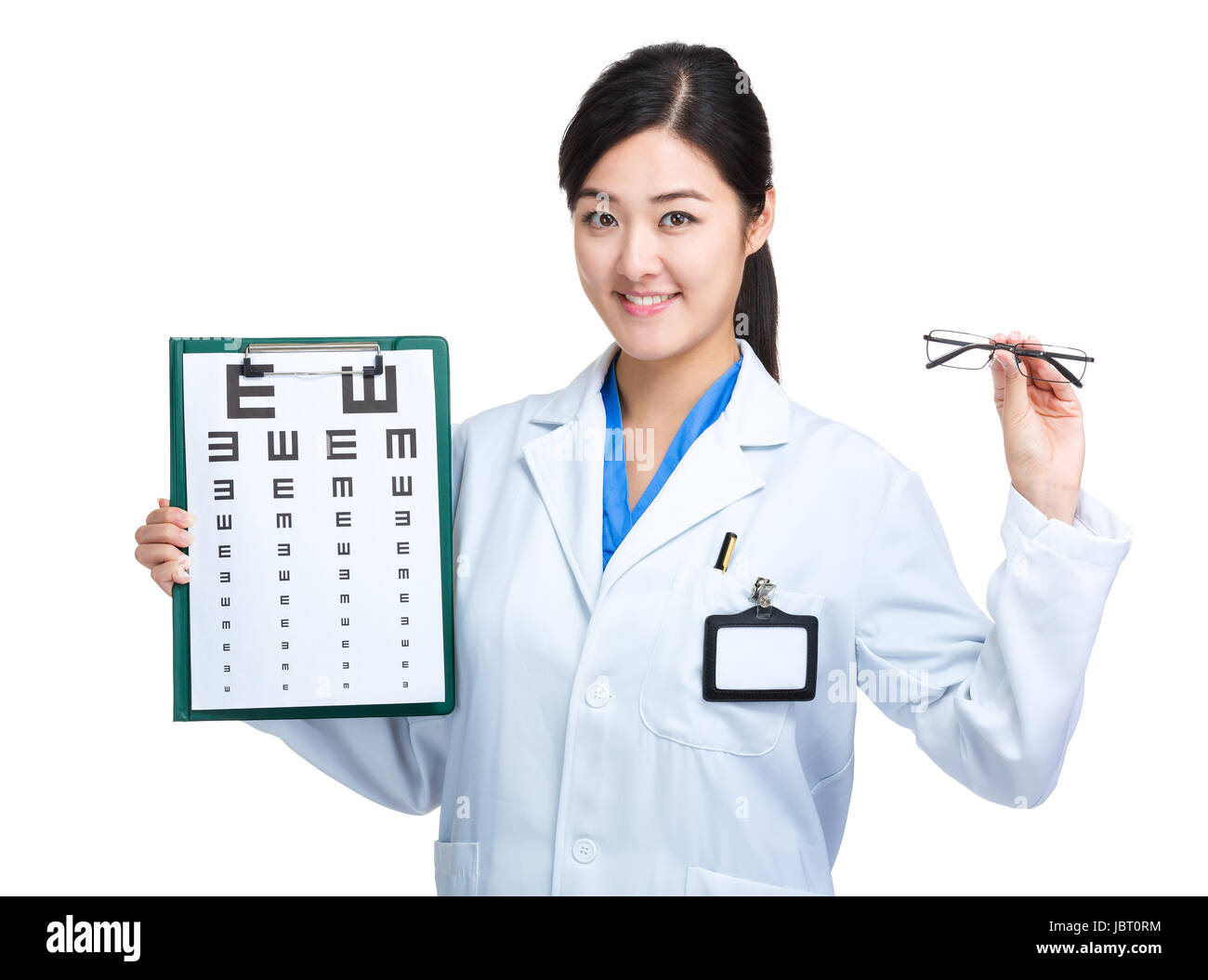 Female doctor hold with eye chart and glasses Stock Photo - Alamy