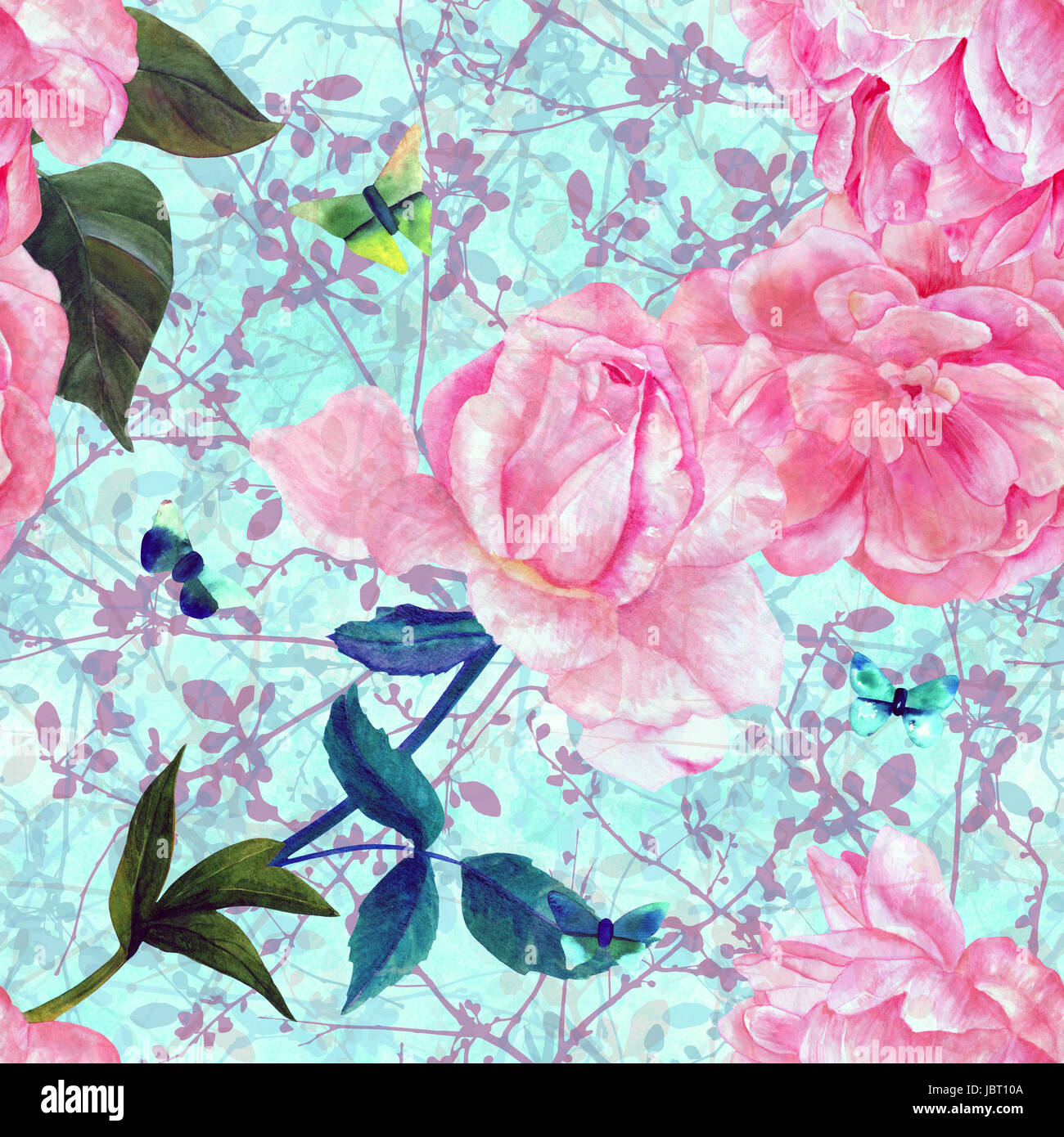 Seamless teal pattern with watercolor roses and butterflies Stock Photo ...