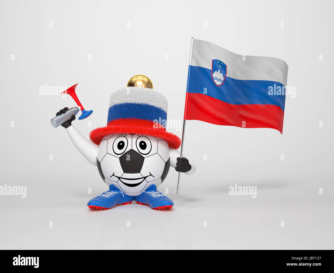 A cute and funny soccer character holding the national flag of Slovenia ...
