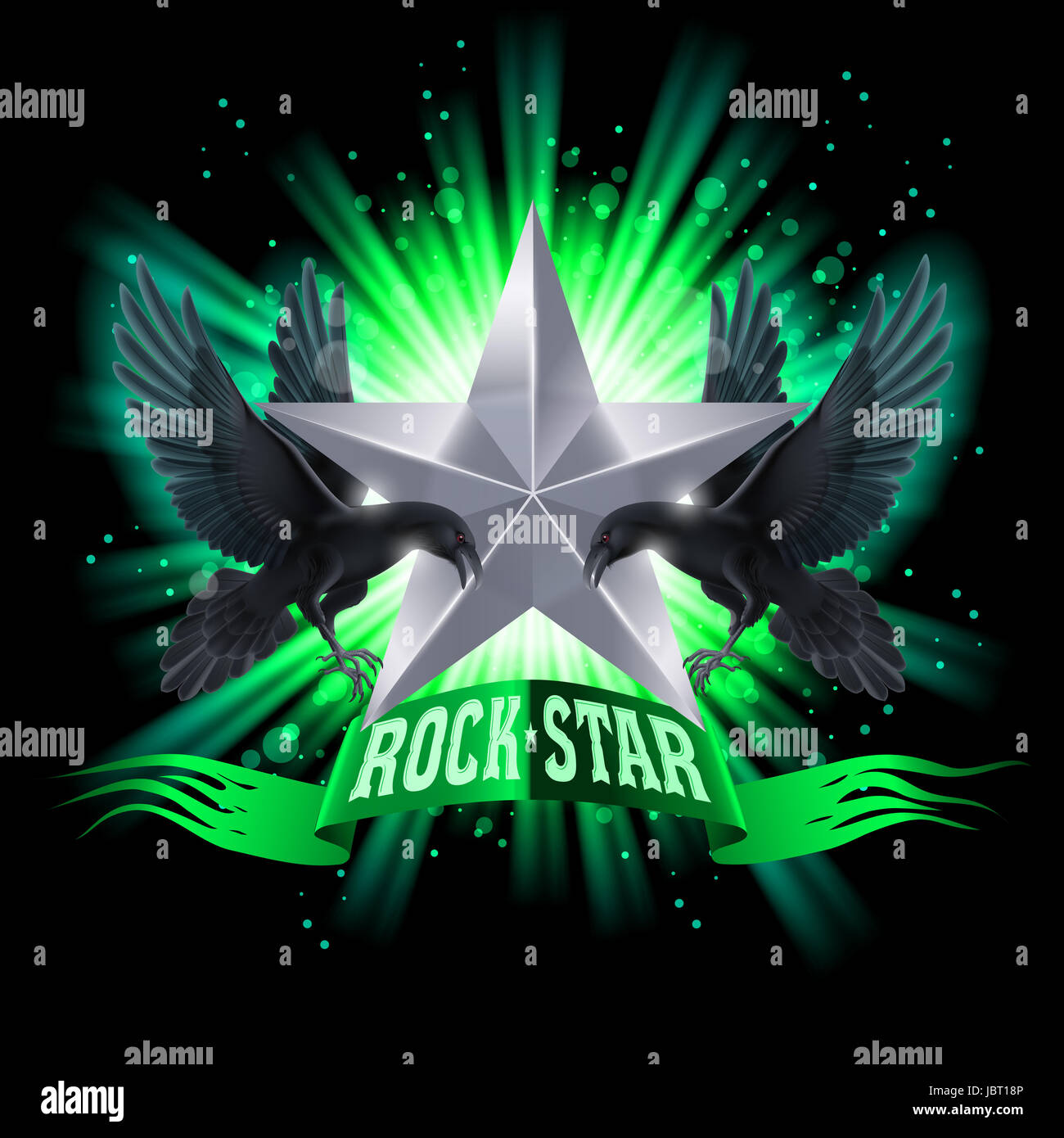 Green Rock Star banner with two ravens over shining background Stock ...